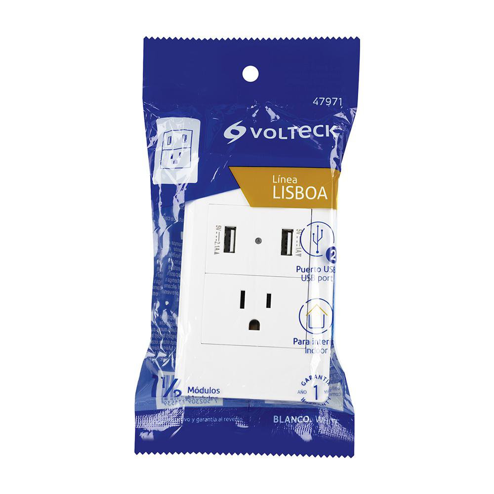 Tomacorriente + 2 Puertos USB Lisboa Blanco - Volteck - Cemaco
