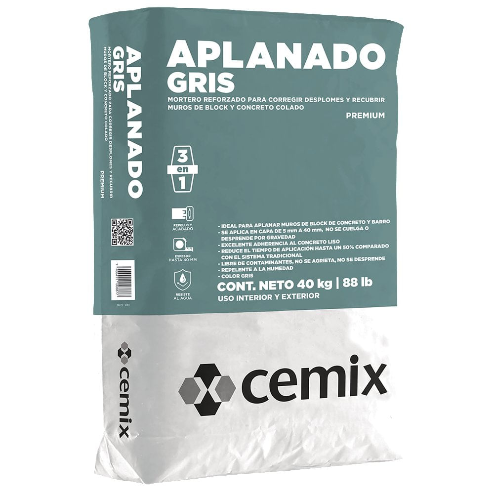 Mortero Reforzado Aplanado Gris 40 Kg - Cemix - Cemaco